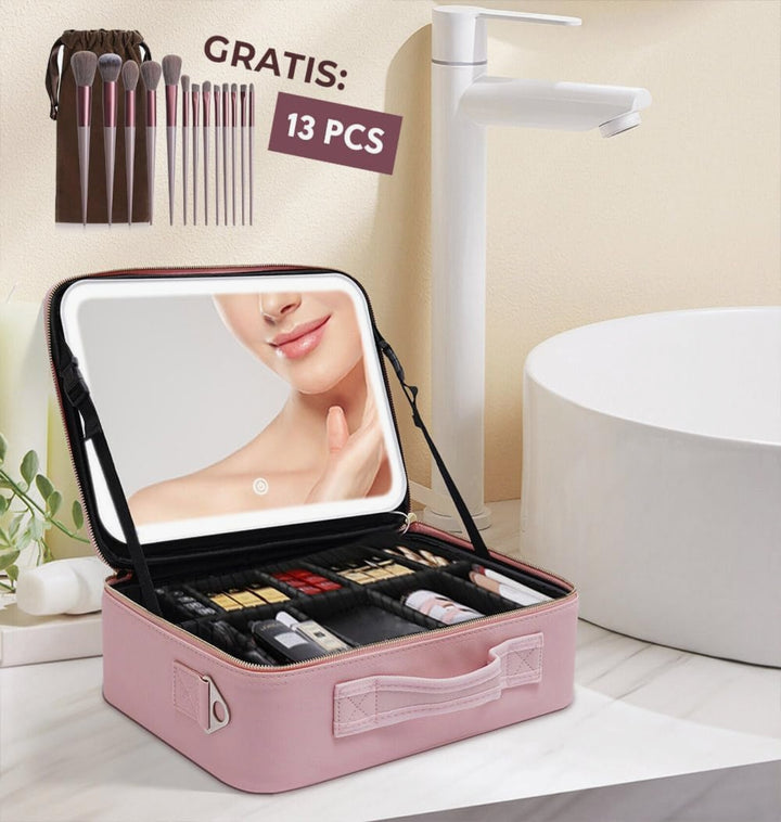 Makeup Vanity Bag with Large Light Up 3 Color Light Mirror, Adjustable ...